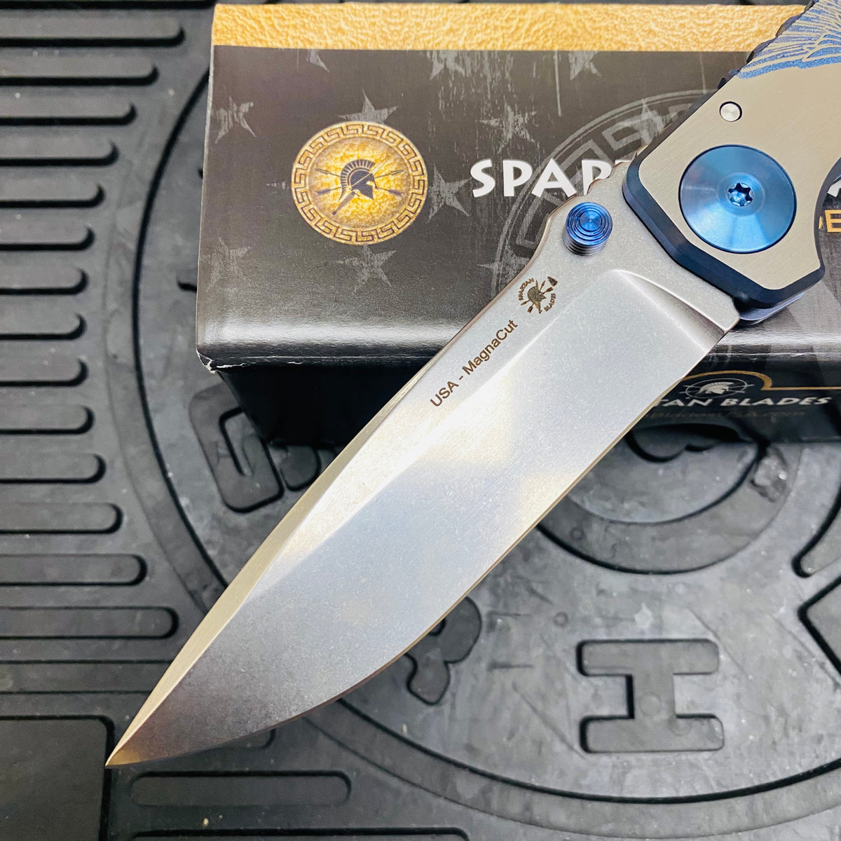 Spartan Blades Harsey Folder - BLUE Saint Michael, Magnacut Blade, Blu ...